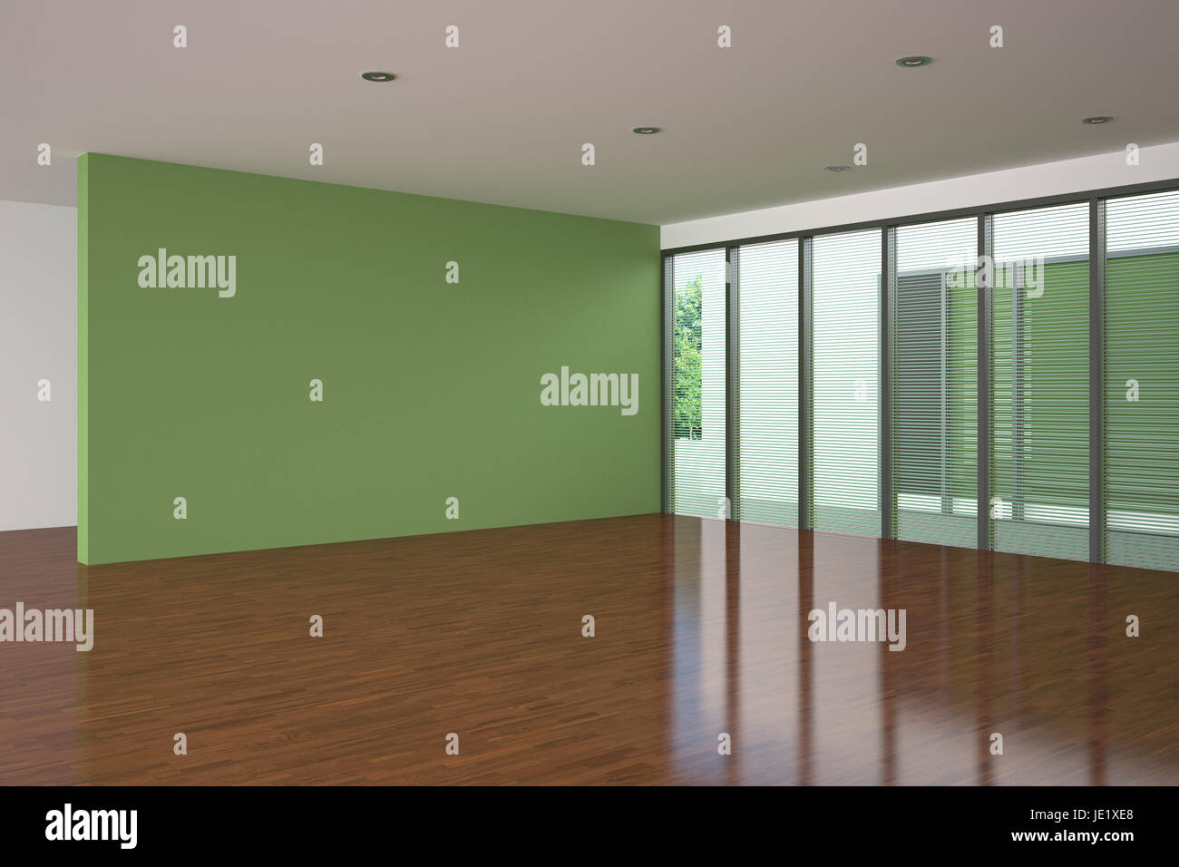 Modern empty living room with large window and green wall Stock Photo ...