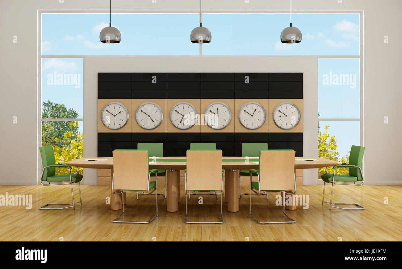 Contemporary meeting room with green chair and wooden table in front a ...