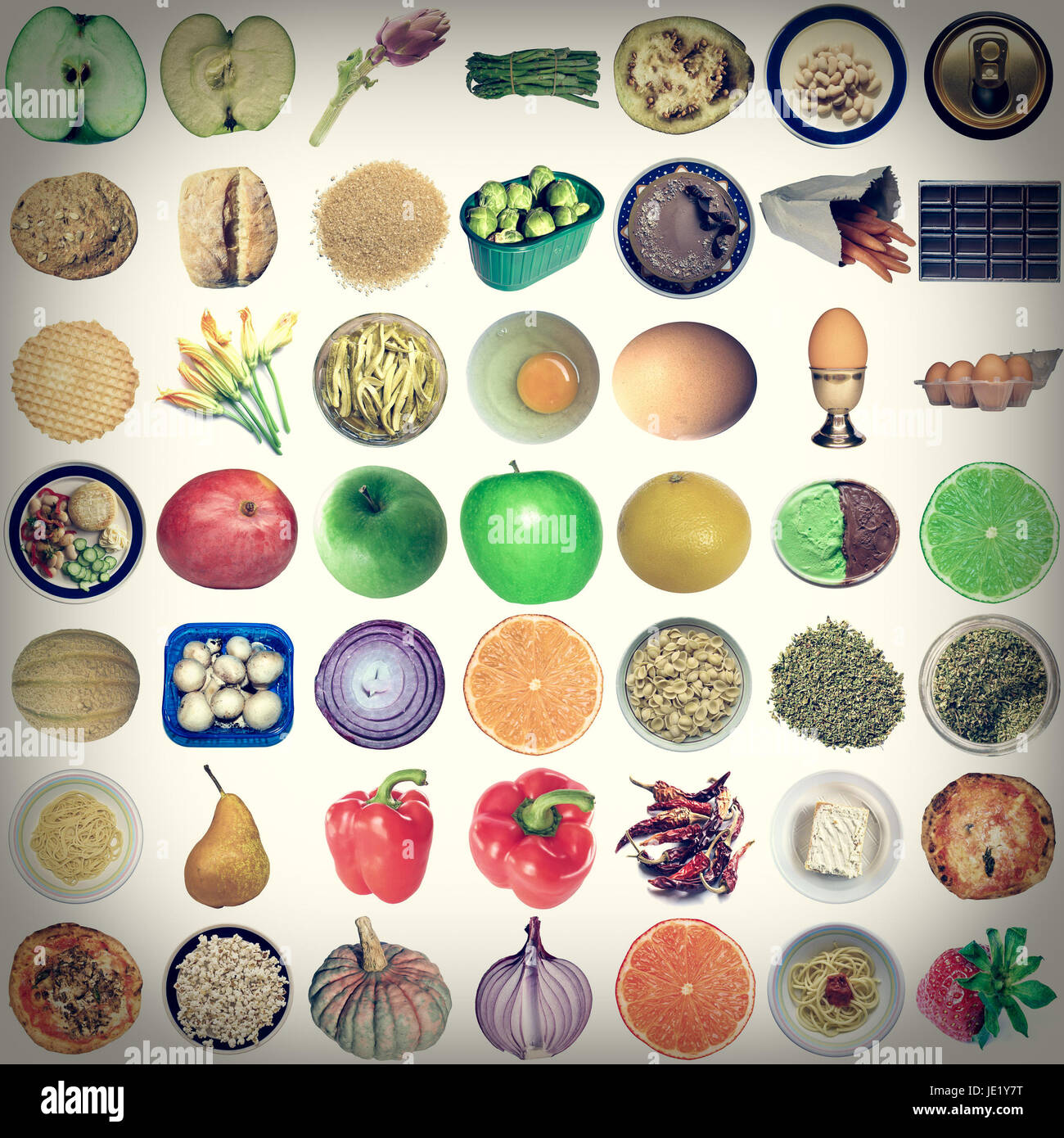 Vintage looking Collage of food isolated over white background Stock ...