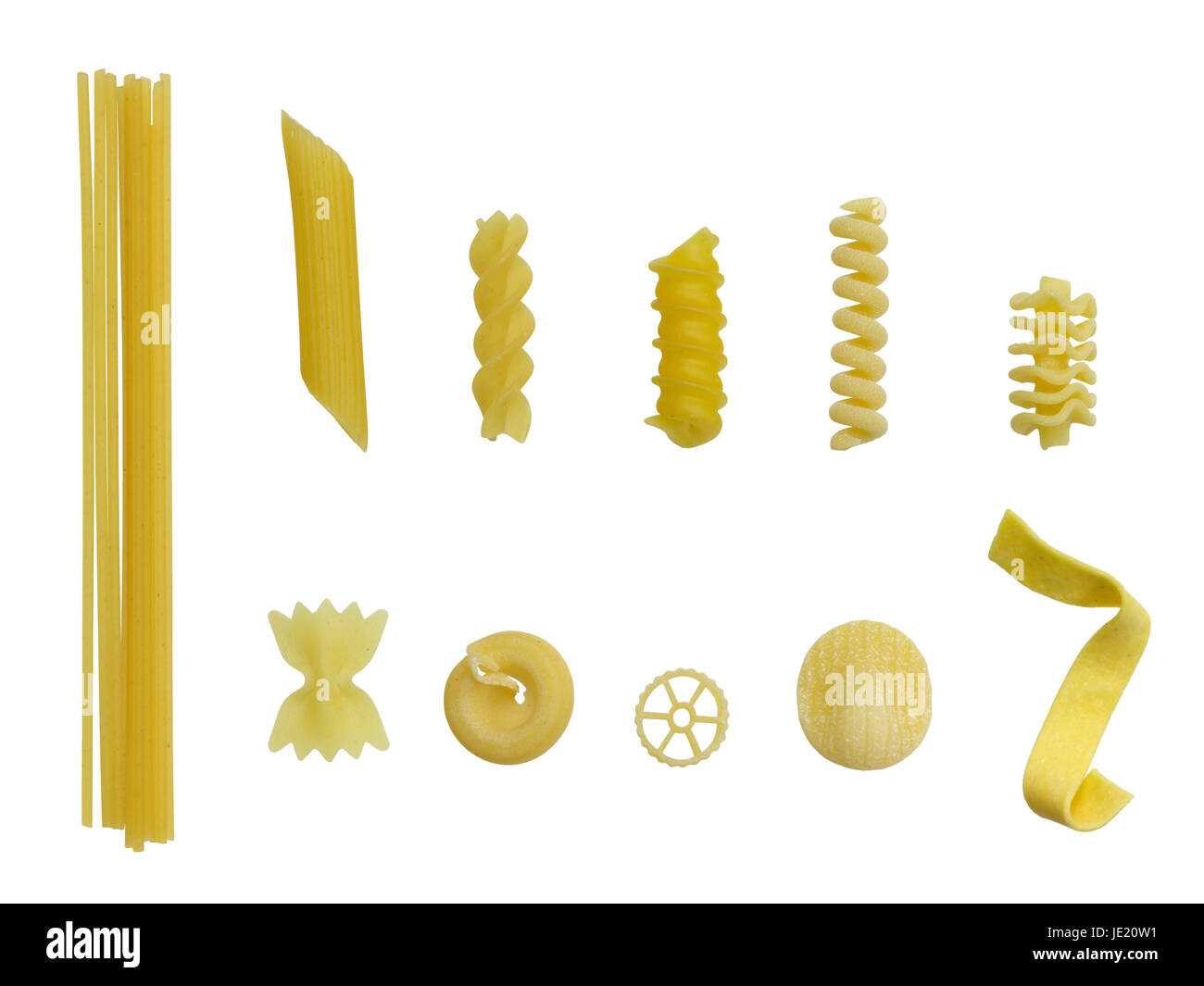 lots of different pasta types in white back Stock Photo - Alamy