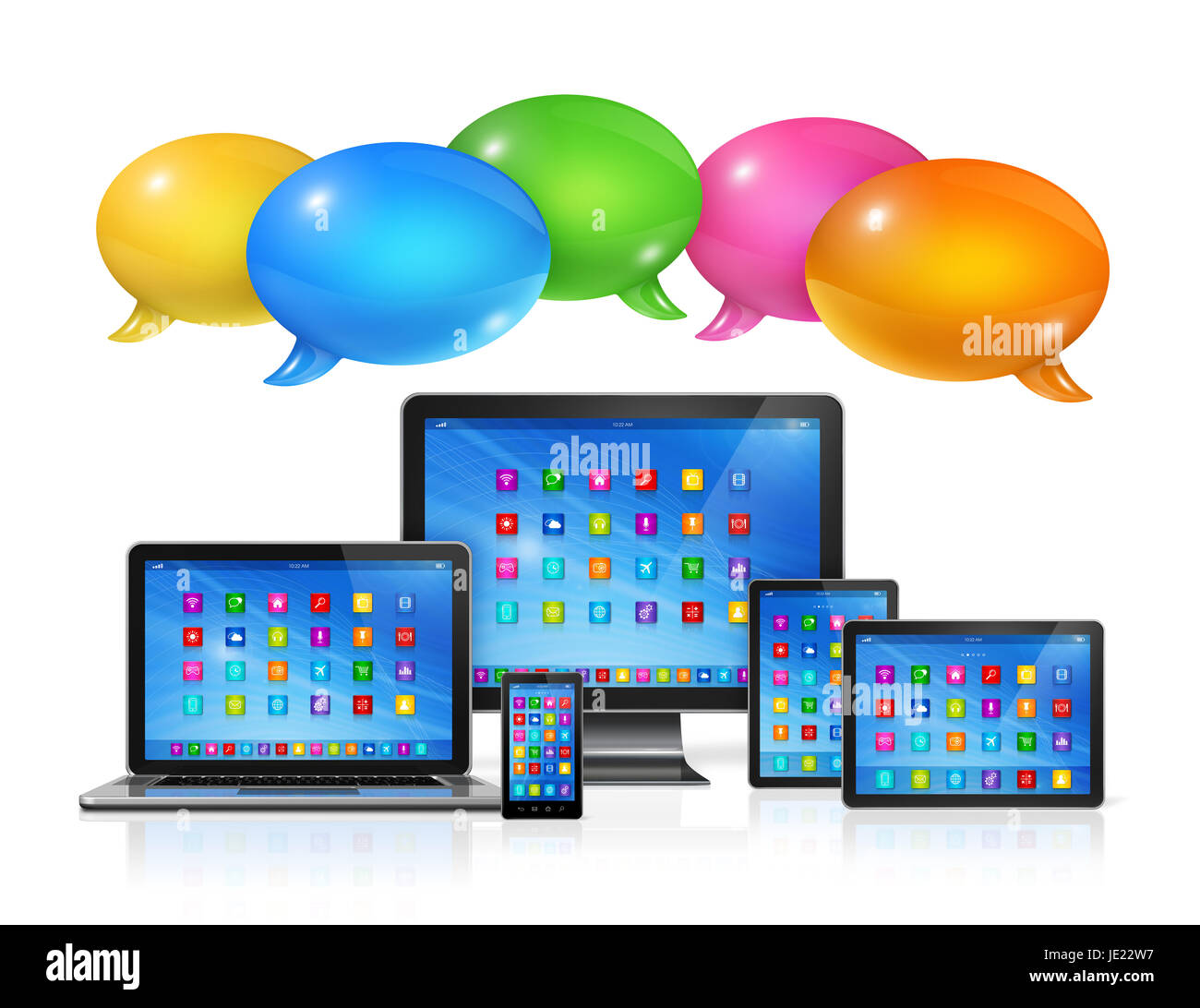 3D Speech bubbles and computers set. Communication and technology Stock ...