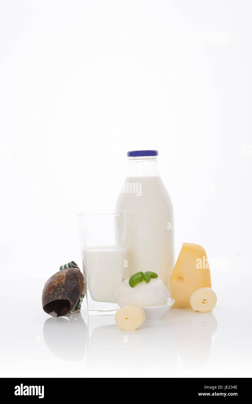 Traditional dairy products. Milk glass bottle, cheese, cottage cheese ...