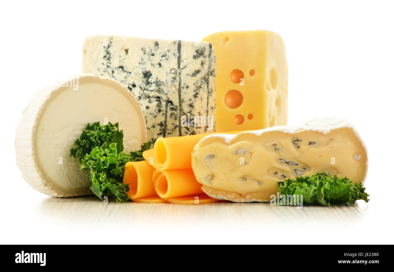 Different sorts of cheese isolated on white background Stock Photo - Alamy