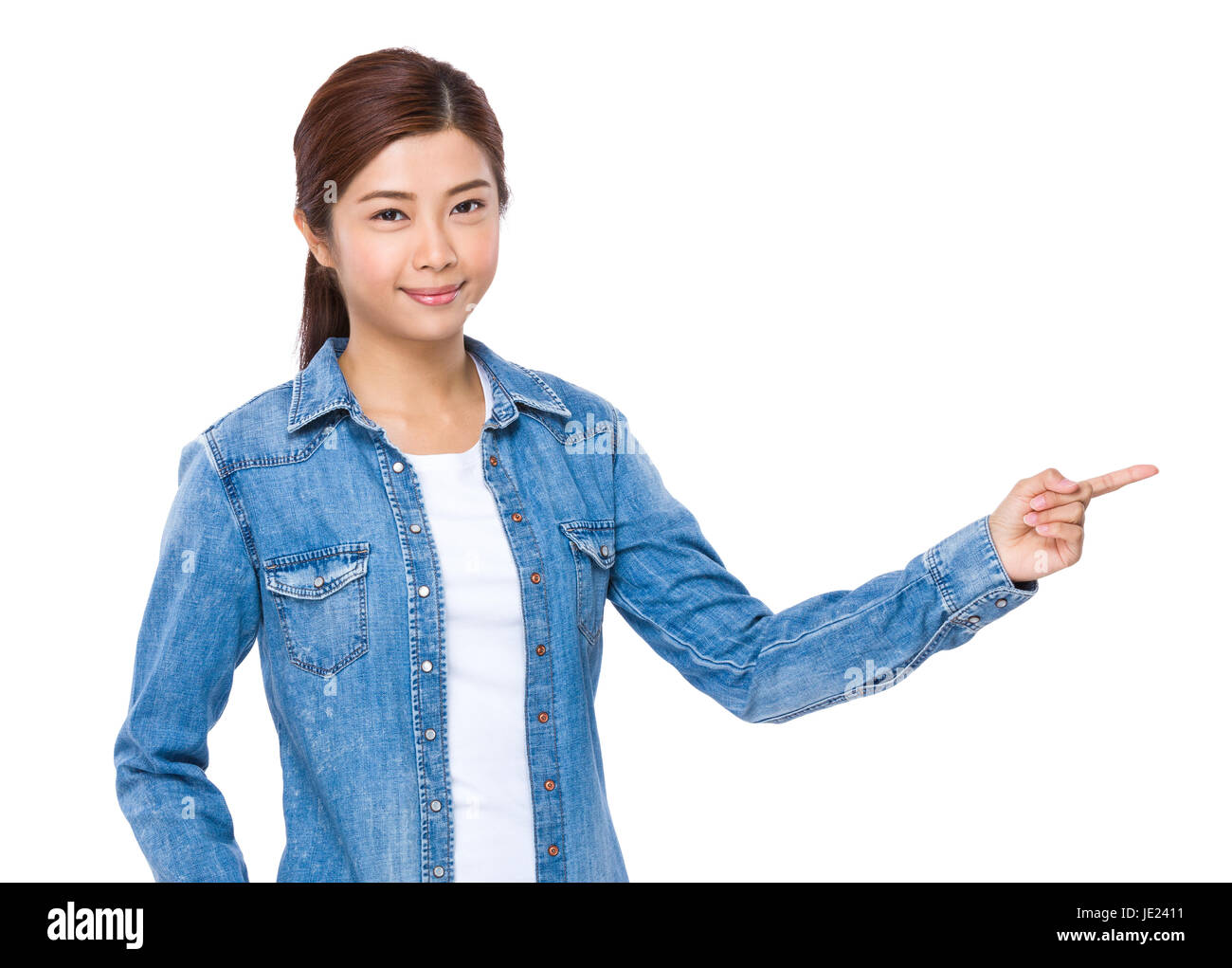 Woman with finger point up Stock Photo - Alamy