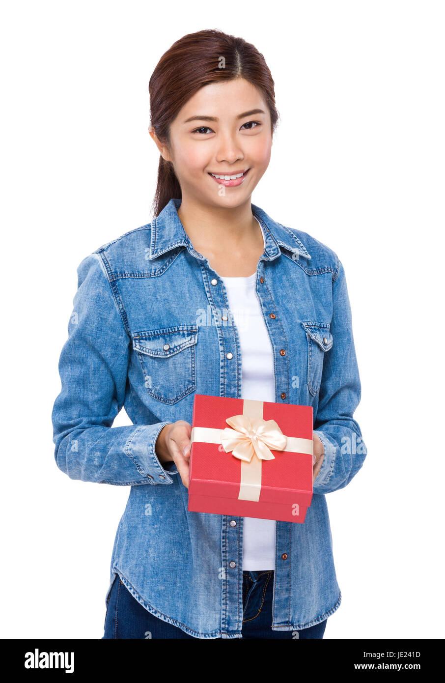 Asian woman hold with red gift box Stock Photo - Alamy