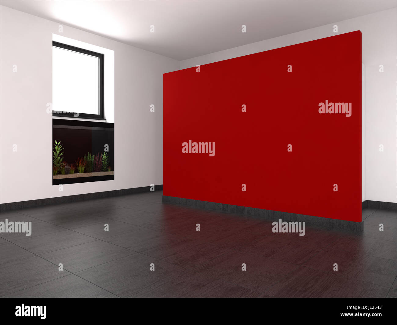 modern empty room with red wall and aquarium Stock Photo - Alamy