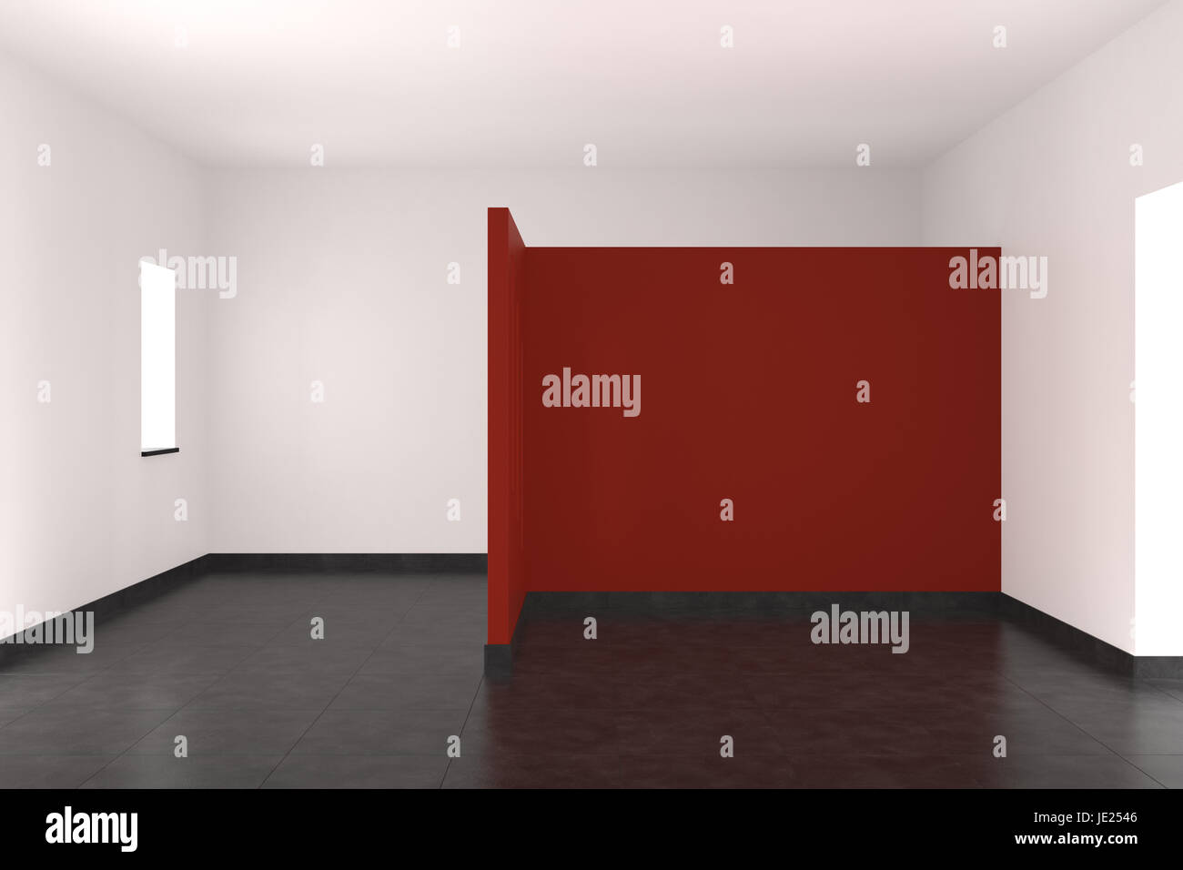 modern empty interior with red wall tiled floor and window Stock Photo ...