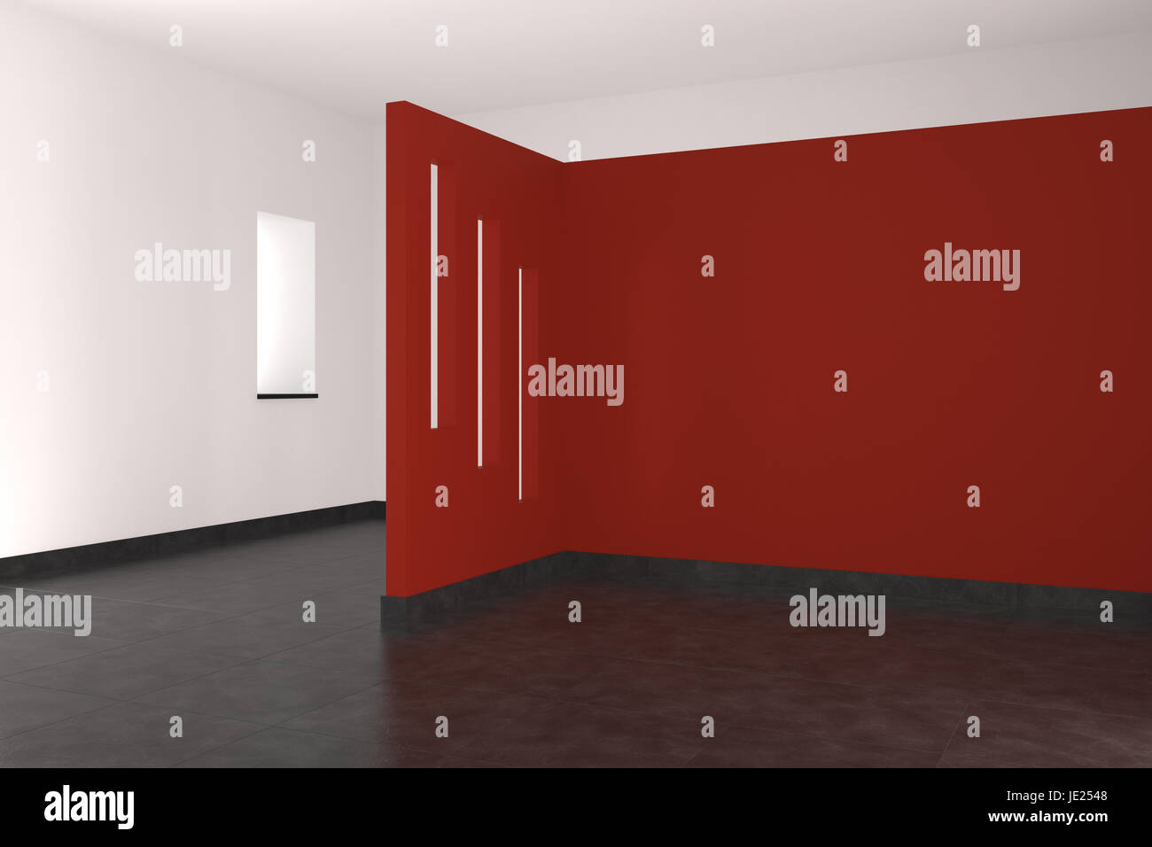 modern empty interior with red wall tiled floor and window Stock Photo ...