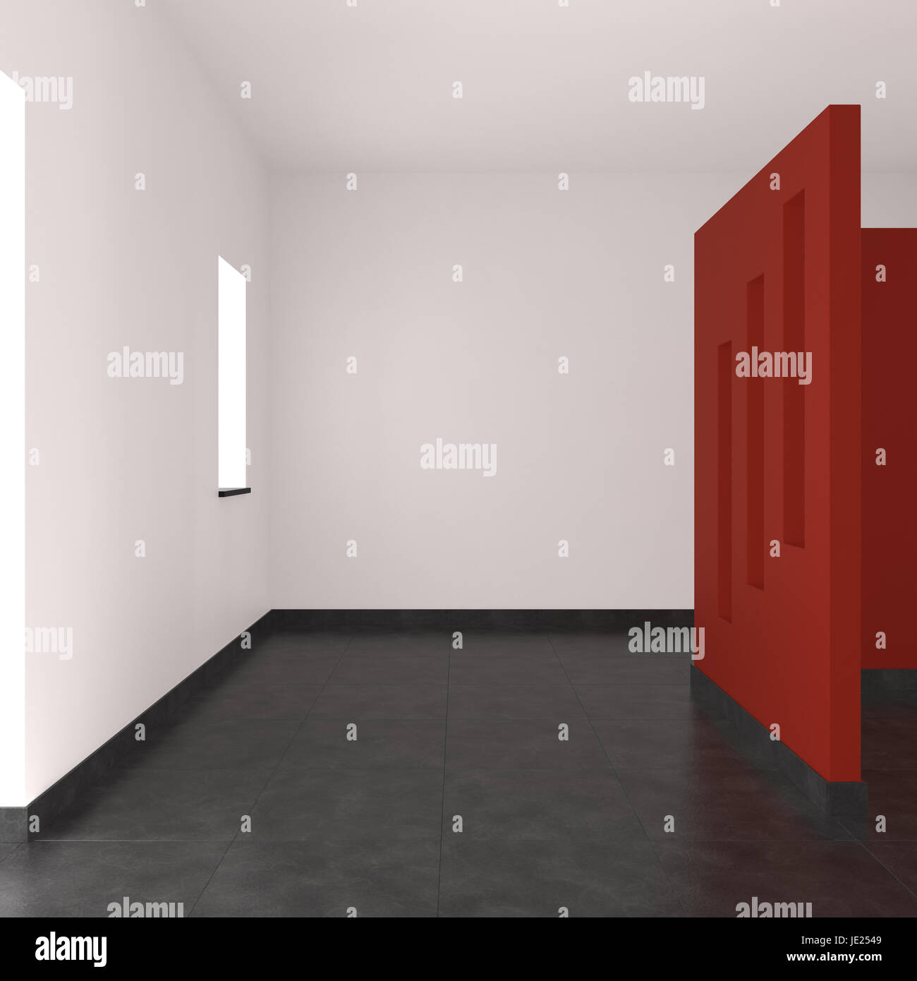 modern empty interior with red wall tiled floor and window Stock Photo ...