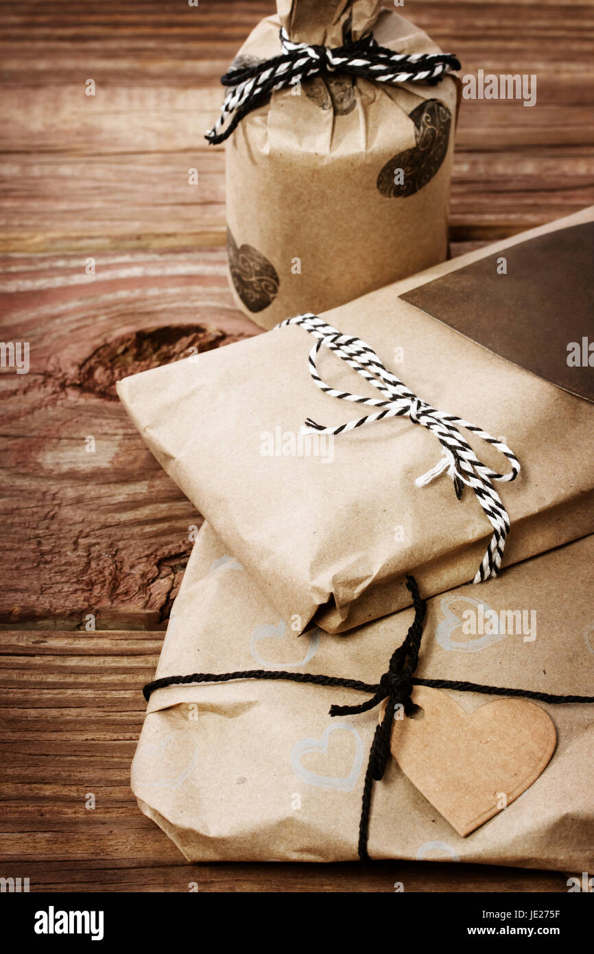 Hand crafted gifts on rustic wooden table Stock Photo - Alamy