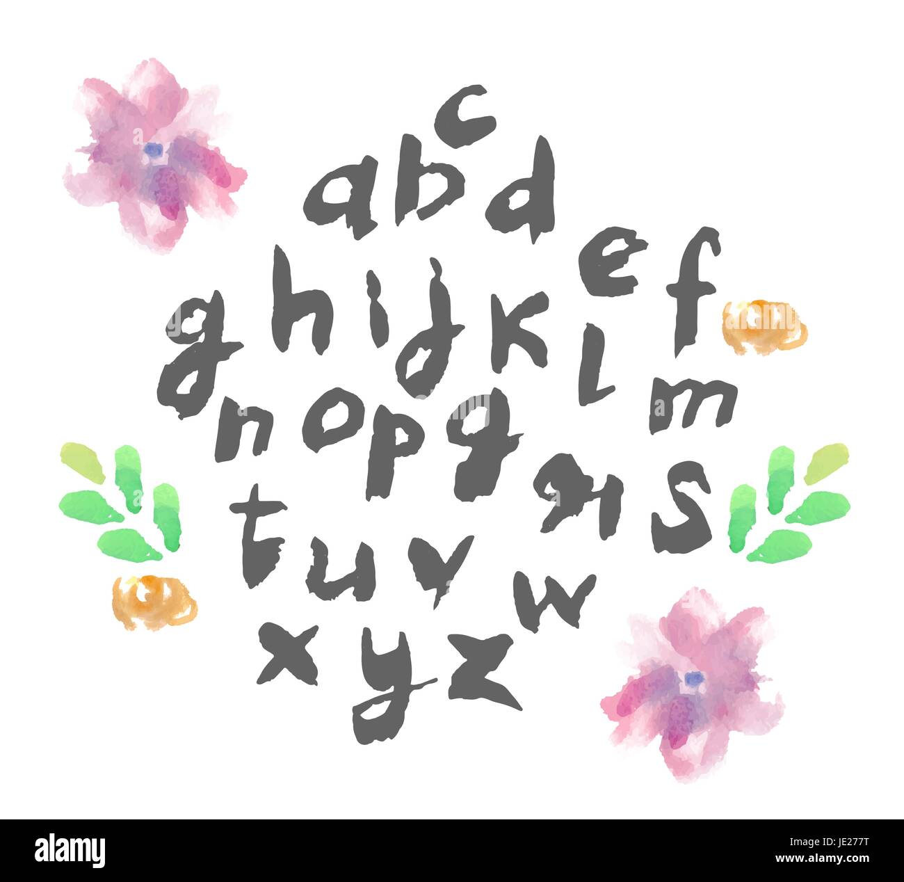 Hand drawn alphabet written with brush pen. Letters are decorated ...