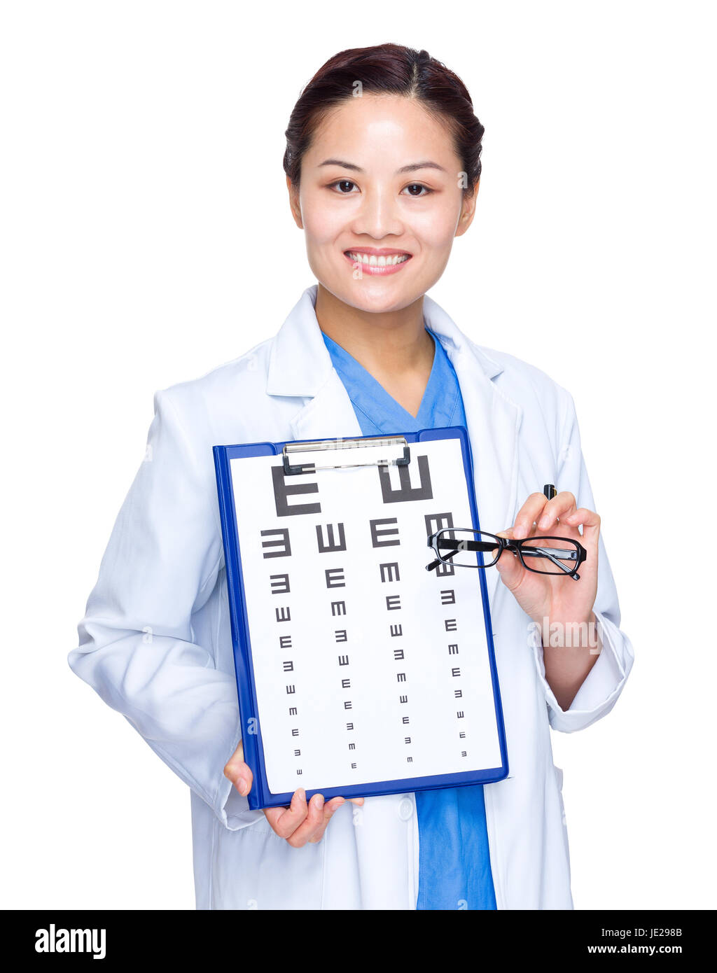 Optical doctor with eye chart and glasses Stock Photo - Alamy