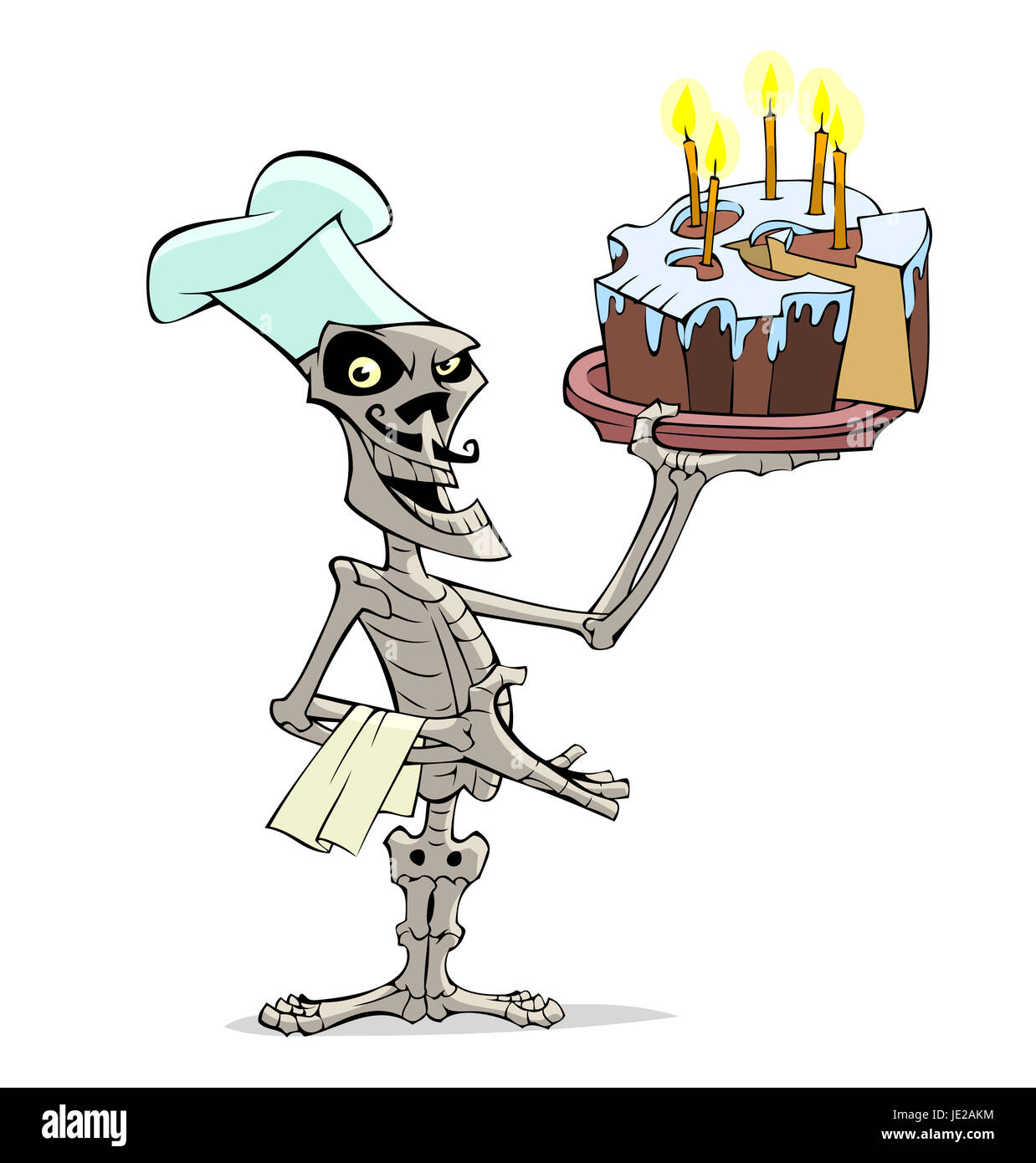 Danse Macabre. Skeleton cook and cake with candles in his hand Stock ...