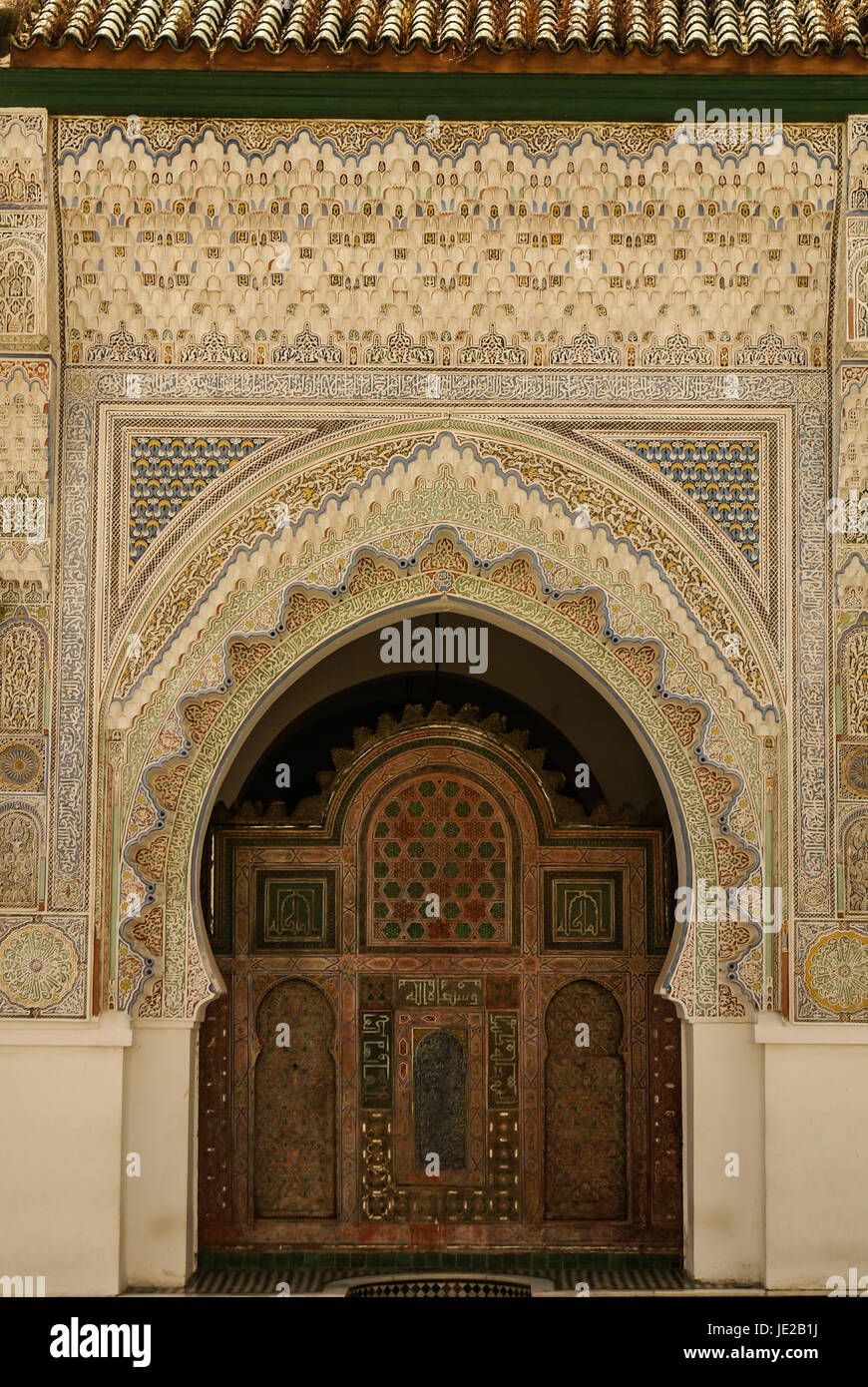 Detail of the beautiful tile mosaic decoration of the at Fez, Morocco ...