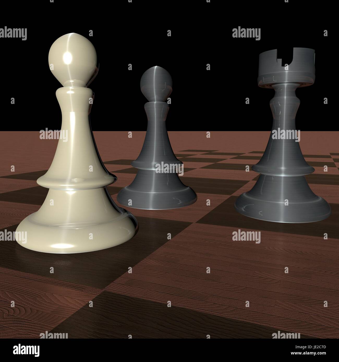 Three pieces of chess over wooden chessboard, 3d render Stock Photo - Alamy