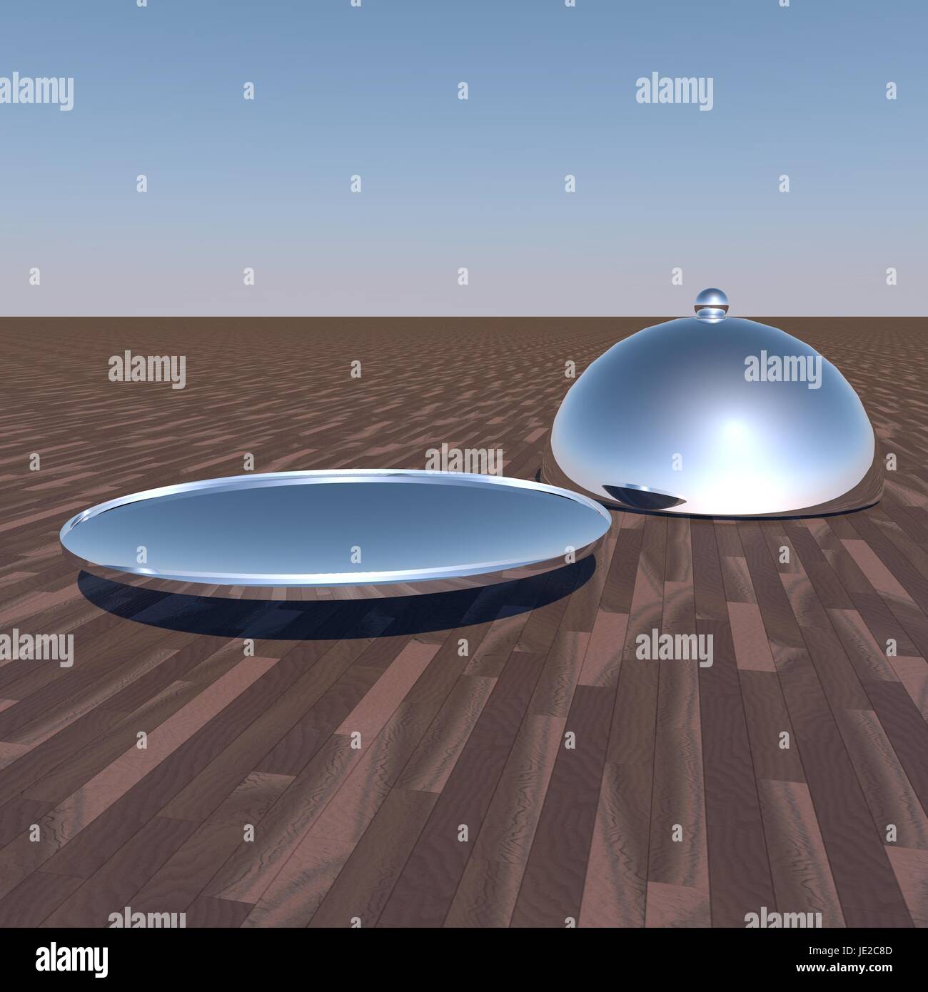 Shiny silver plate with cover over wooden table, 3d render Stock Photo ...