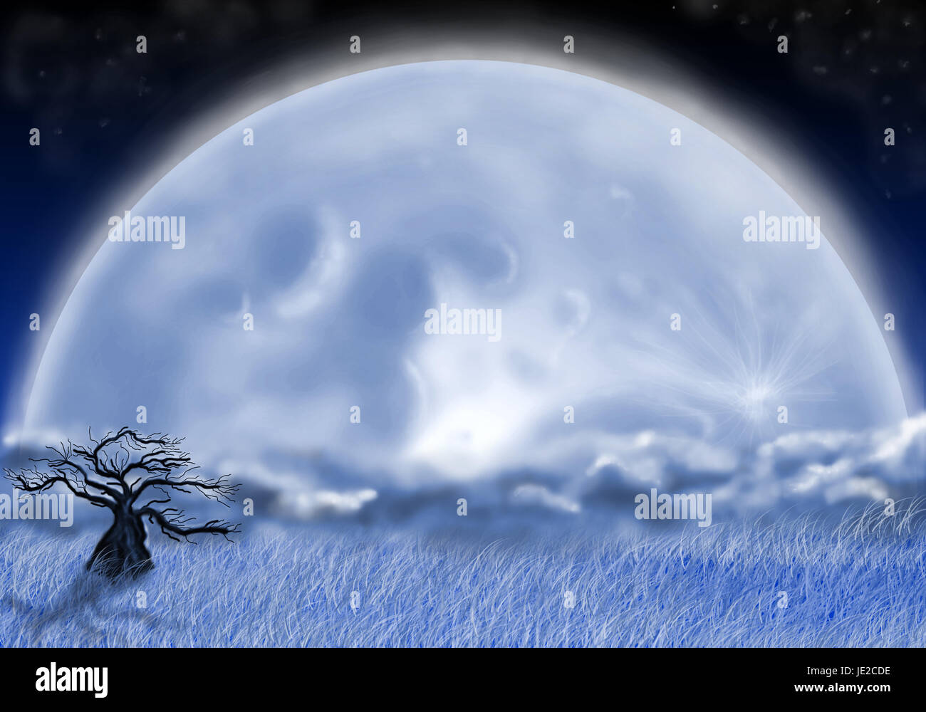 fool moon. tree in the night field and fool moon Stock Photo - Alamy