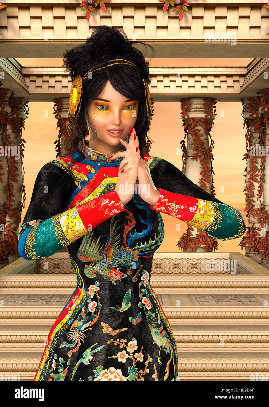 3D digital render of a beautiful princess of China on a fantasy palace ...