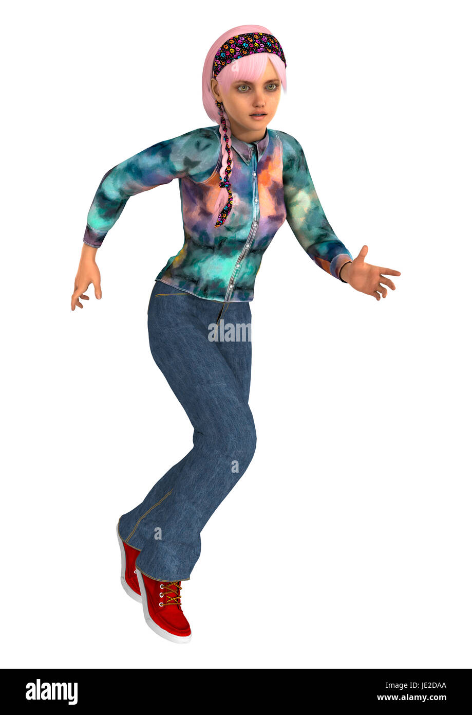 3D digital render of a running cute teenager girl with pink hair ...