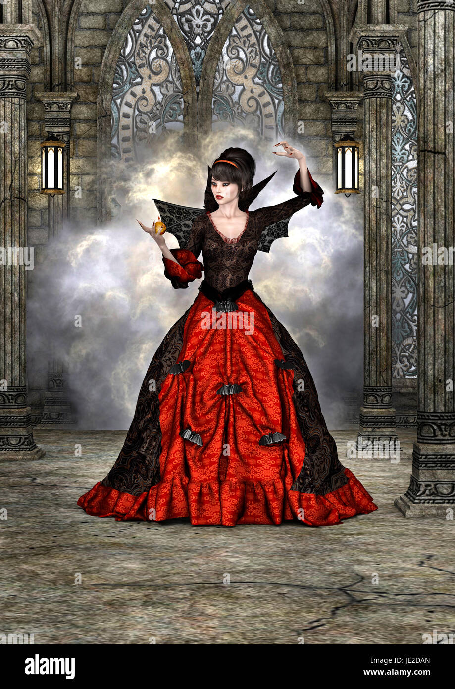 3D digital render of a beautiful female wizard in a red and black dress ...