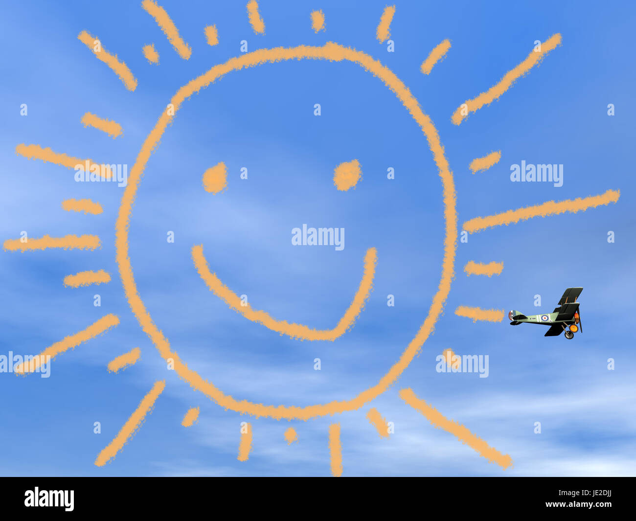Big yellow smiling sun from biplan smoke in blue sky - 3D render Stock ...