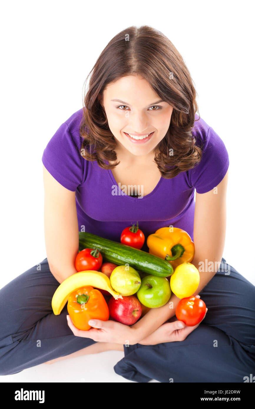 Healthy eating, happy woman with fruits and vegetables Stock Photo - Alamy