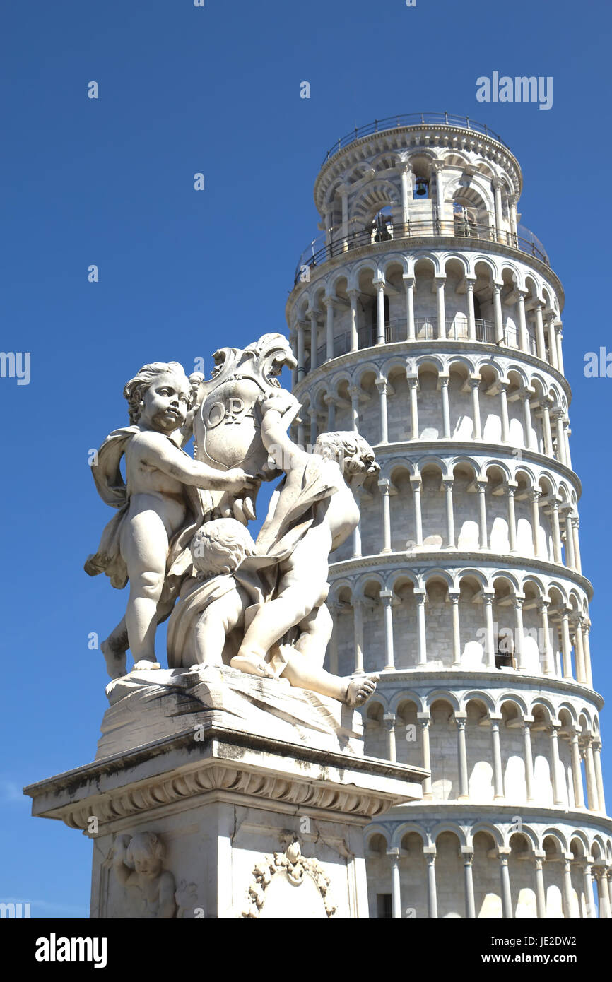 Statue And Leaning Tower Of Pisa (Italy). Vrtically. Blue sky in the ...
