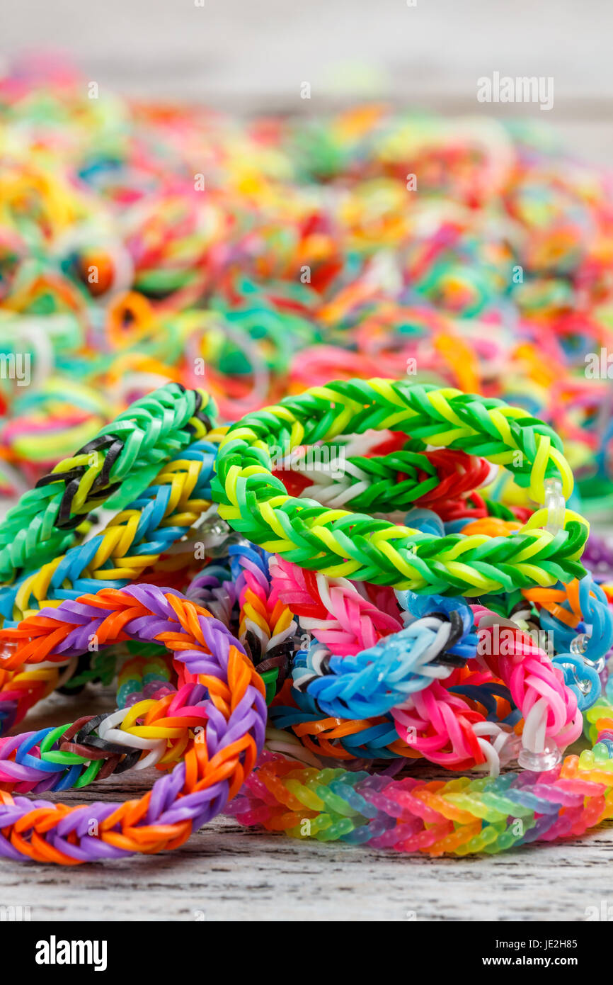 Close up of bracelets made with rubber loom bands Stock Photo - Alamy