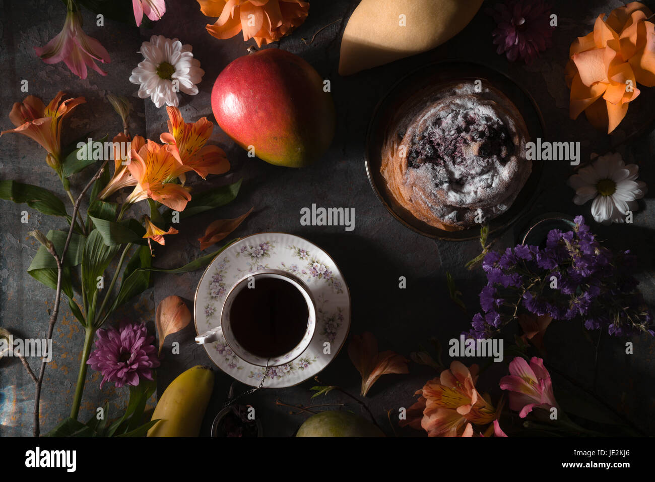 Still life of summer tea party top view horizontal Stock Photo - Alamy