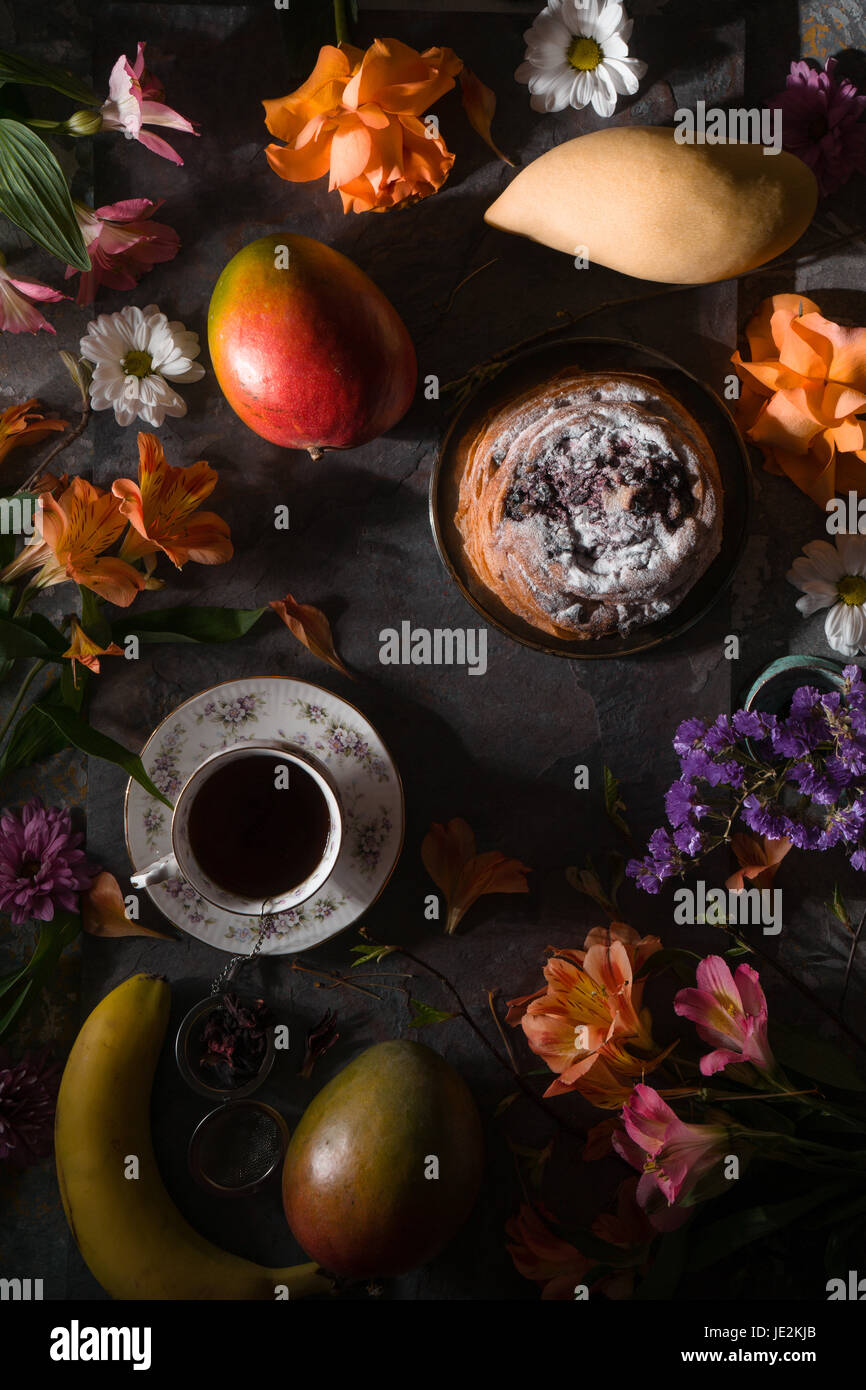 Still life of summer tea party top view vertical Stock Photo - Alamy