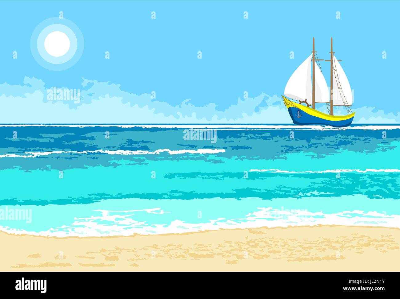 Summer sea view with cartoon sailboat. Seaside background for flyer ...
