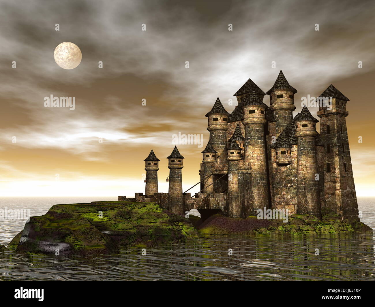 Beautiful castle on a hill among the ocean by brown full moon night ...