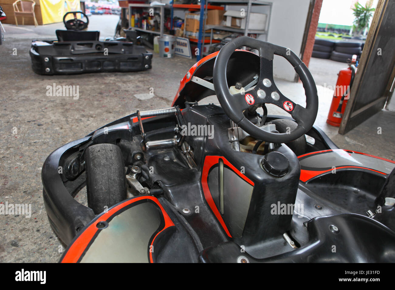 Machine karts before the start on the circuit. Karting circuit workshop ...