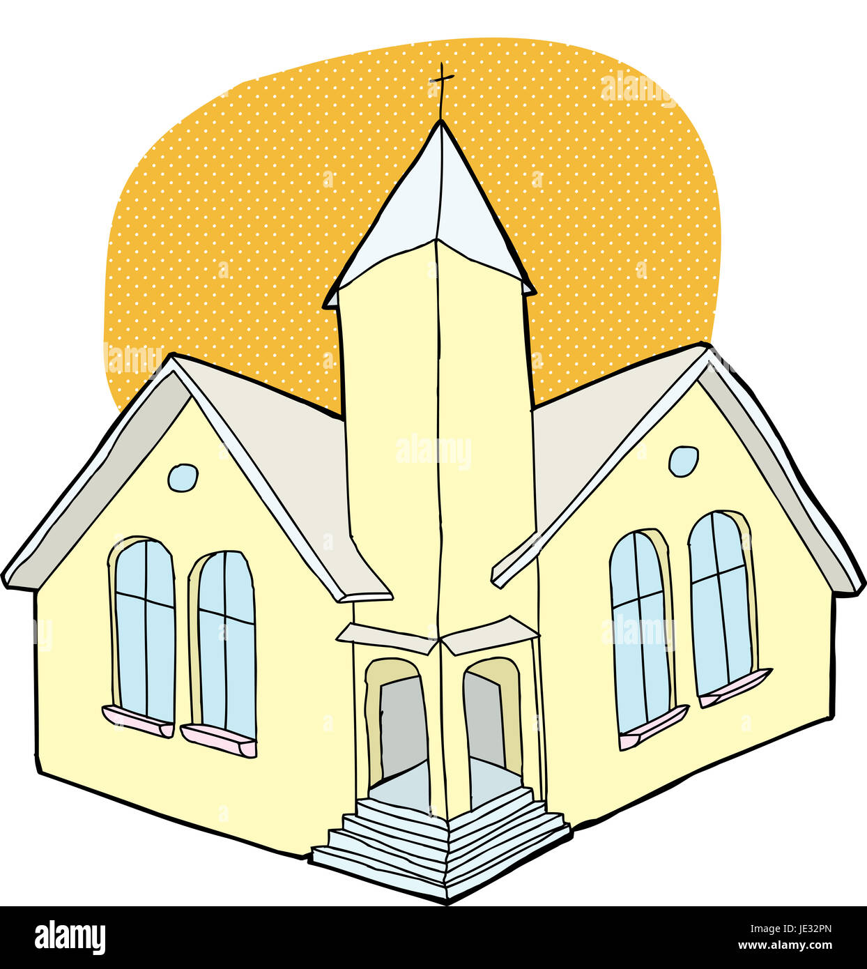 Yellow cartoon Christian church with halftone sun Stock Photo - Alamy