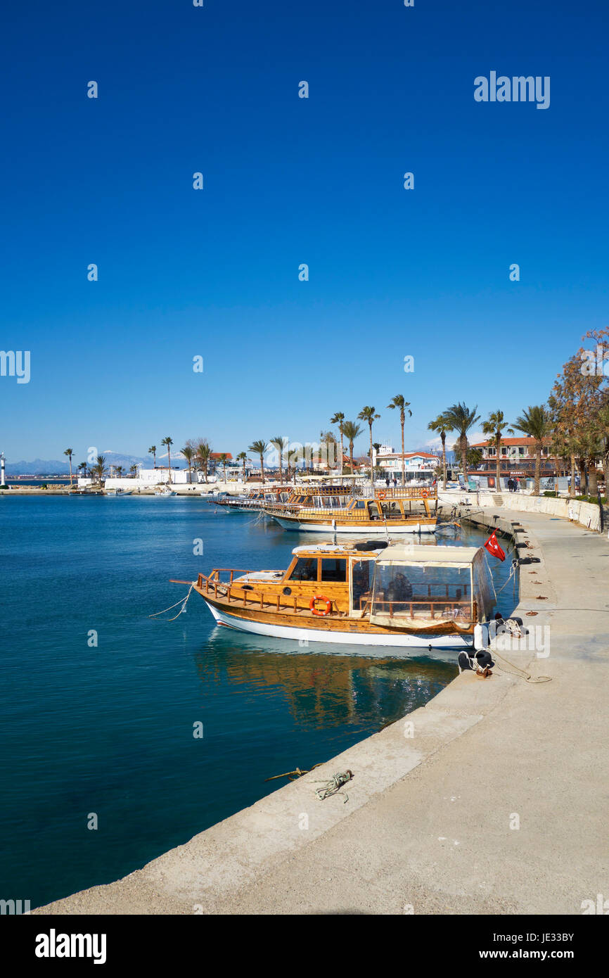 Fishing boats in the old town harbour of Side, Antalya Province, Turkey ...