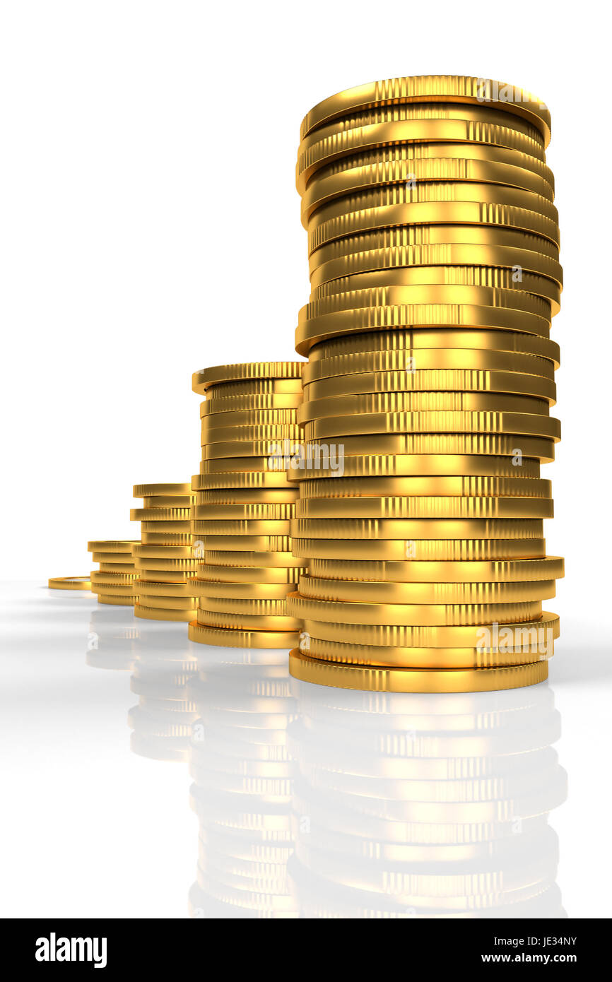 golden coins stacks arranged as the rising graph in perspective view ...