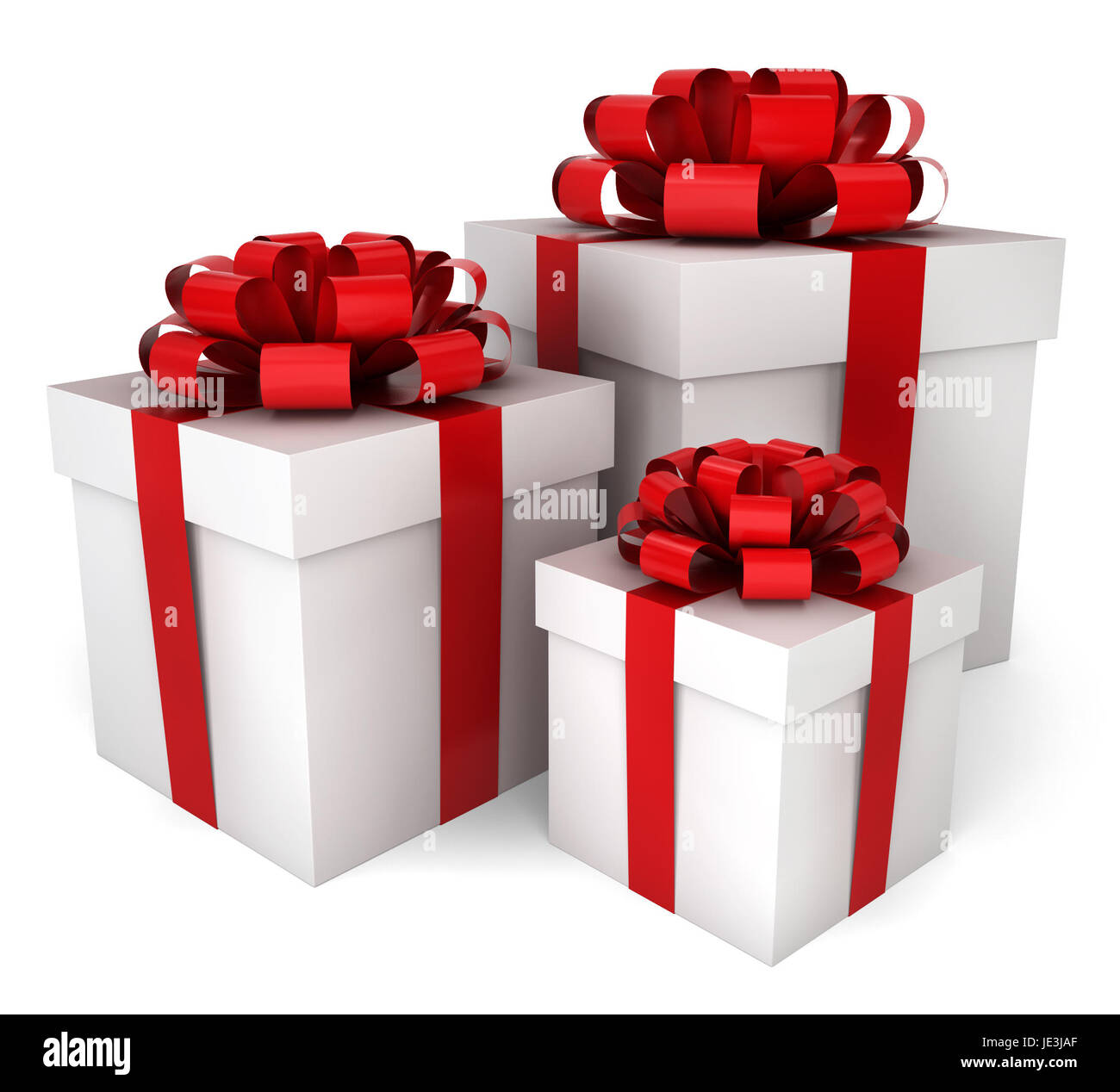 Three gift boxes. 3d illustration on white background Stock Photo - Alamy
