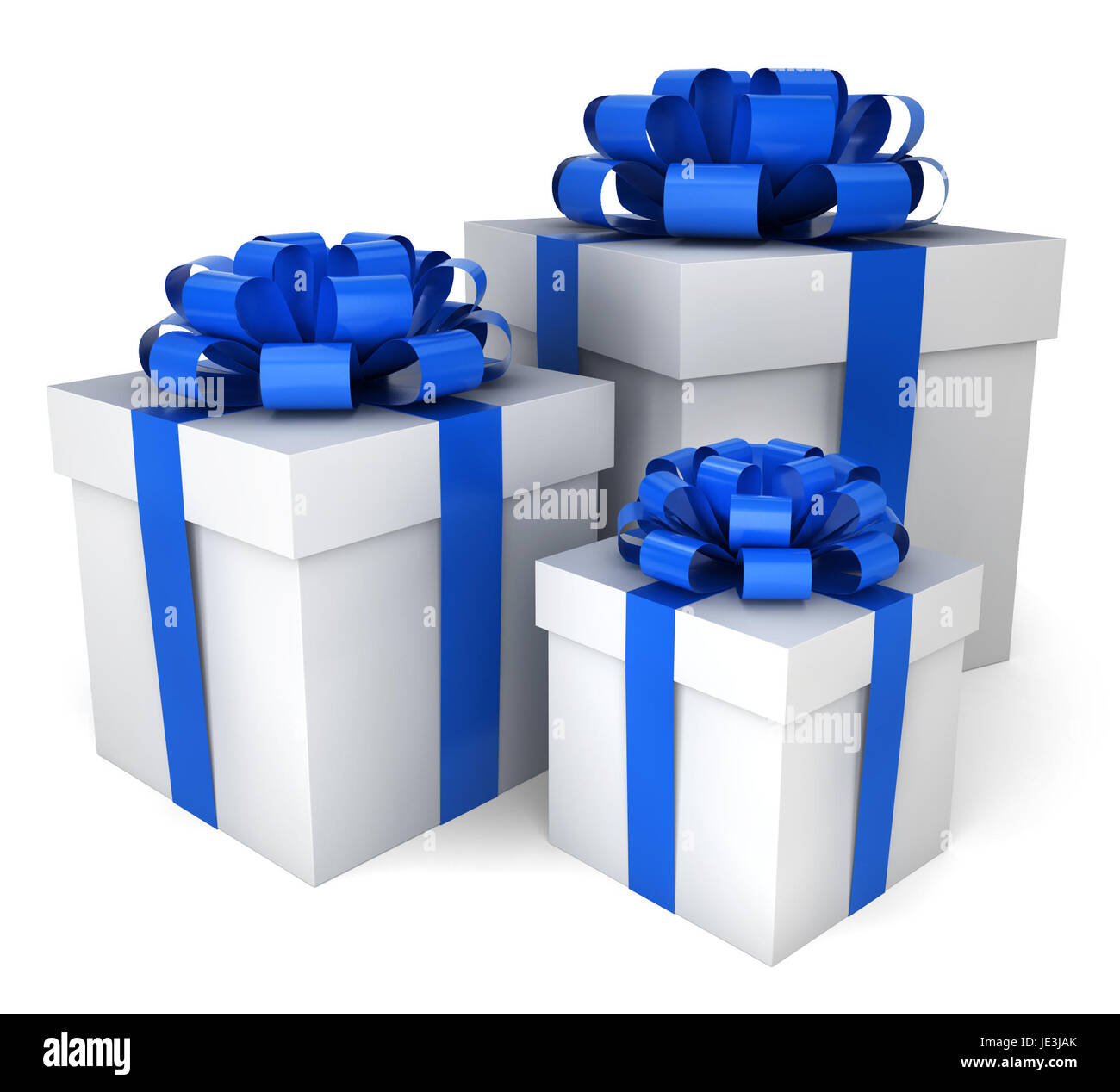 Three gift boxes. 3d illustration on white background Stock Photo - Alamy