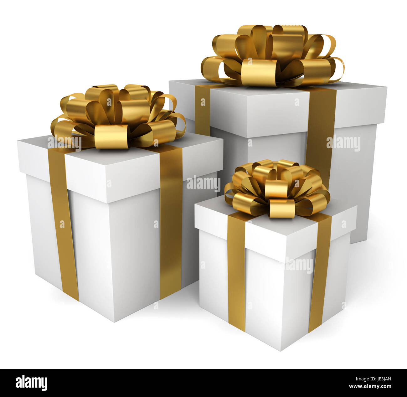 Three gift boxes. 3d illustration on white background Stock Photo - Alamy