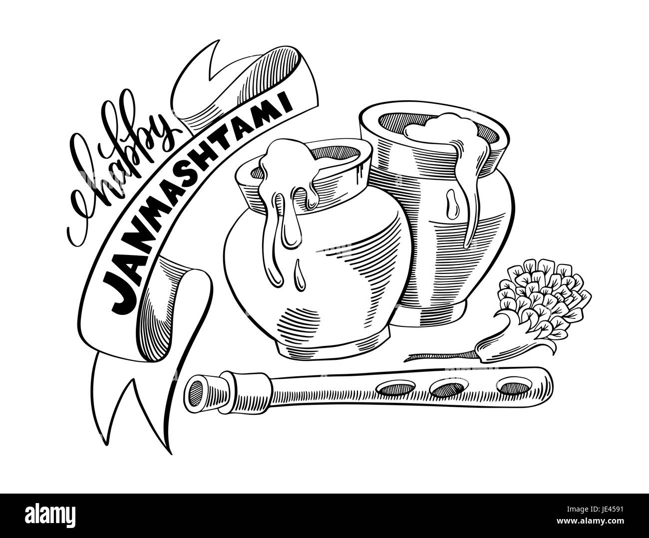 black and white line art composition to indian janmashtami celeb Stock ...