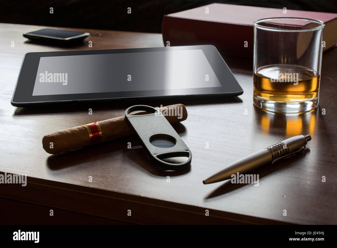 Business Work With Cigar, Tablet And Smartphone Stock Photo - Alamy