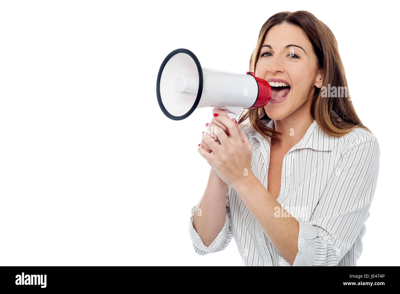 Corporate woman announcing through a megaphone Stock Photo - Alamy