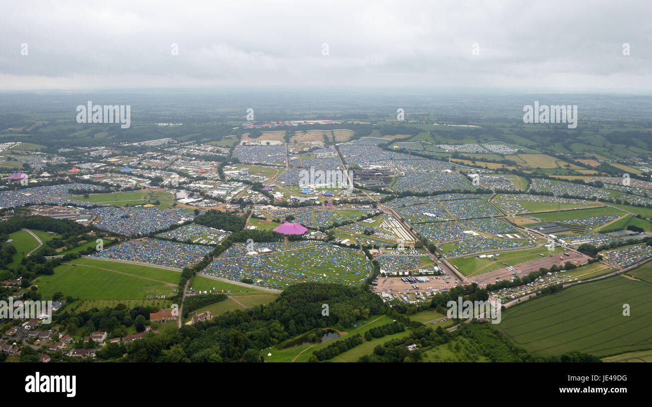 An aerial view of the Glastonbury Festival site at Worthy Farm in ...