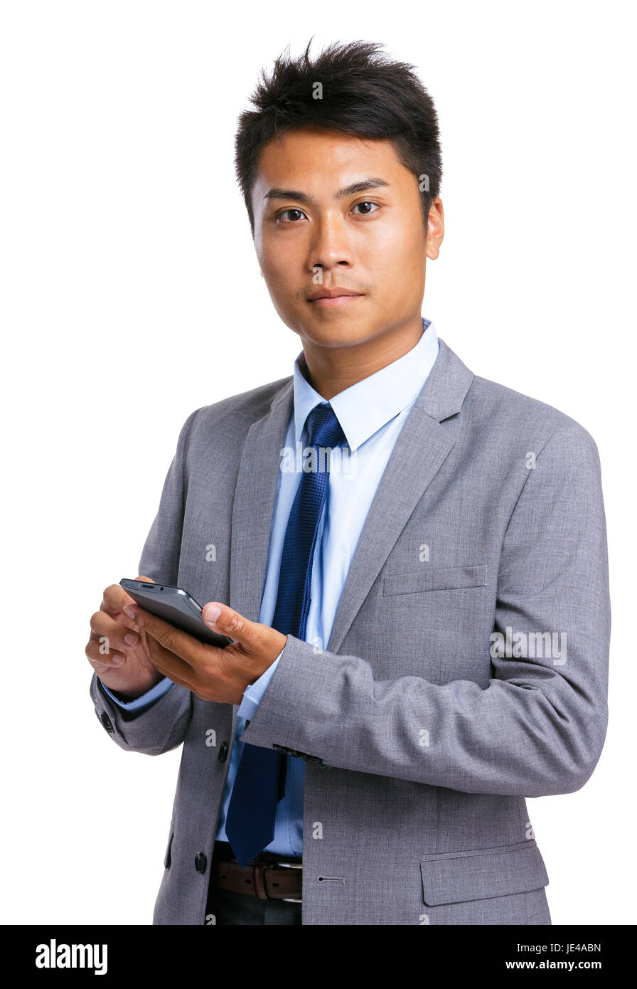 Asian business woman text message use mobile Stock Photo - Alamy