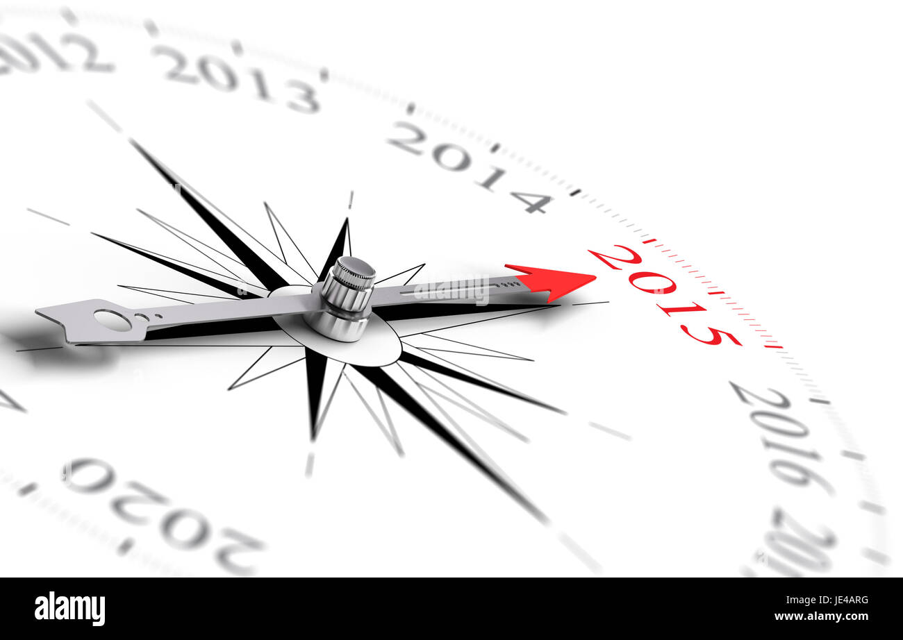 Compass with red needle pointing the year 2015, white background ...