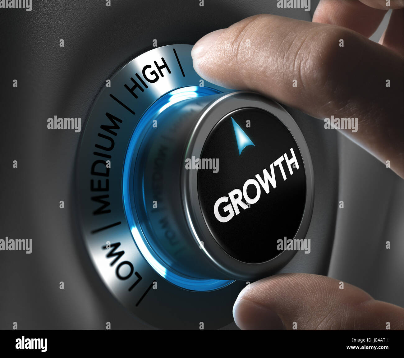 Growth button pointing the highest position with two fingers, blue and ...