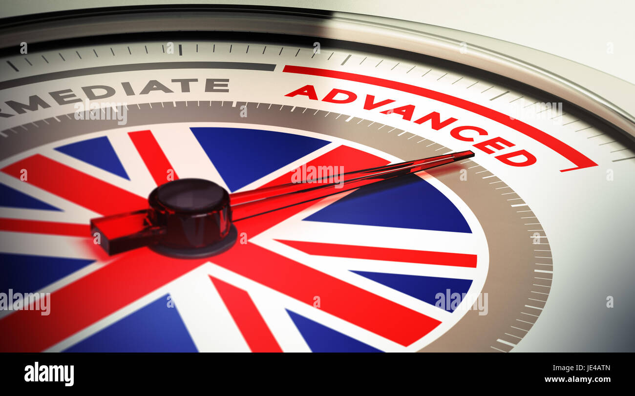 Dial with english flag with needle pointing the word advanced. concept ...