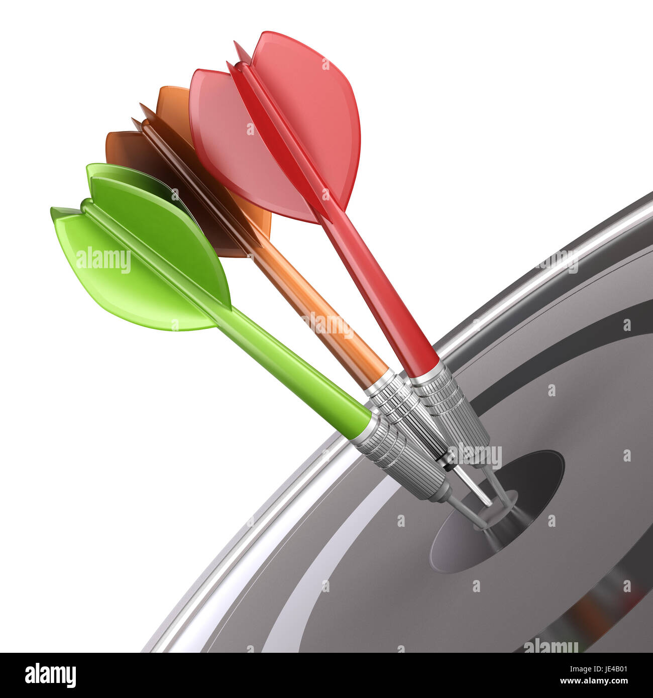 Three darts hitting the center of a dartboard over white background ...