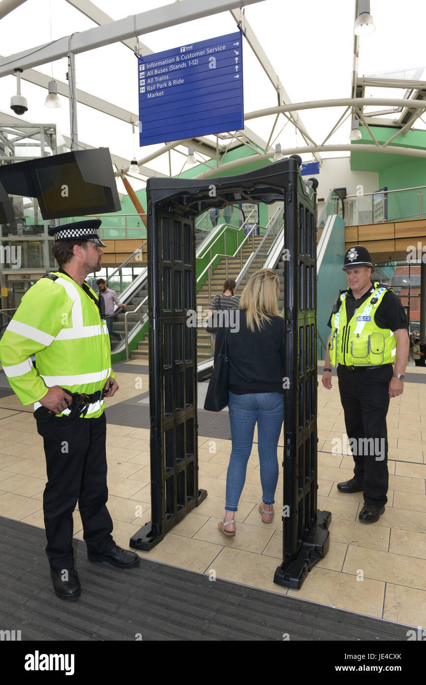 South Yorkshire Police using a body scanner in Barnsley Interchange ...