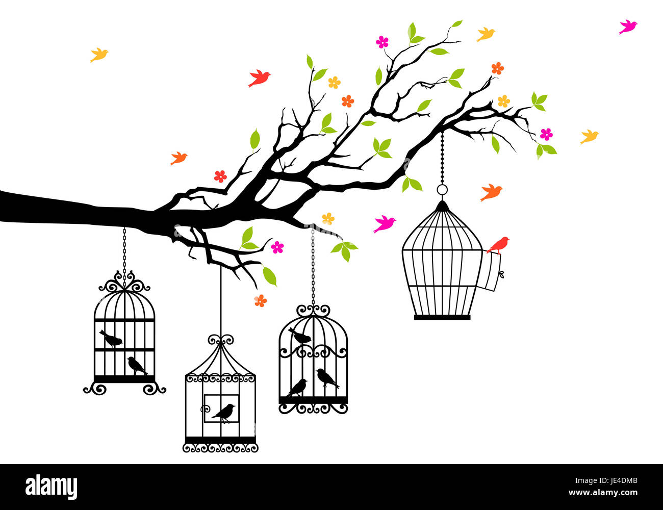 freedom, tree branch with birds and open birdcage, vector illustration ...